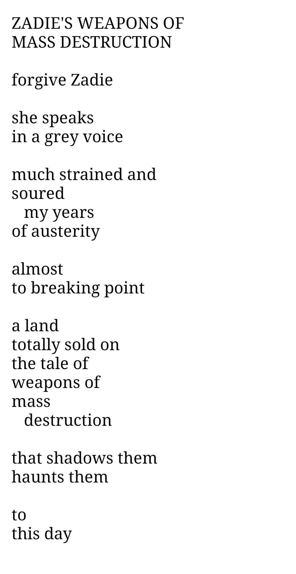 ZADIE’S WEAPONS OF MASS DESTRUCTION – poems 2 die for